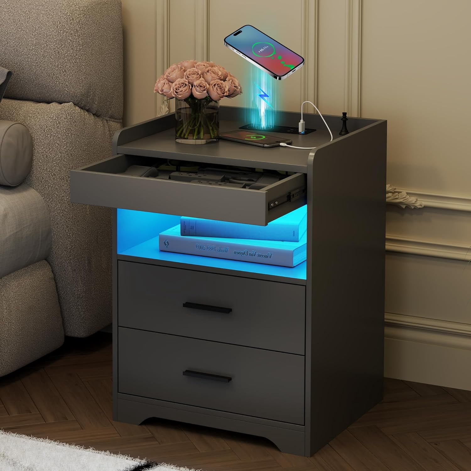 Nightstand with Lockable Gun Drawer, Bedside Table with Charging ...