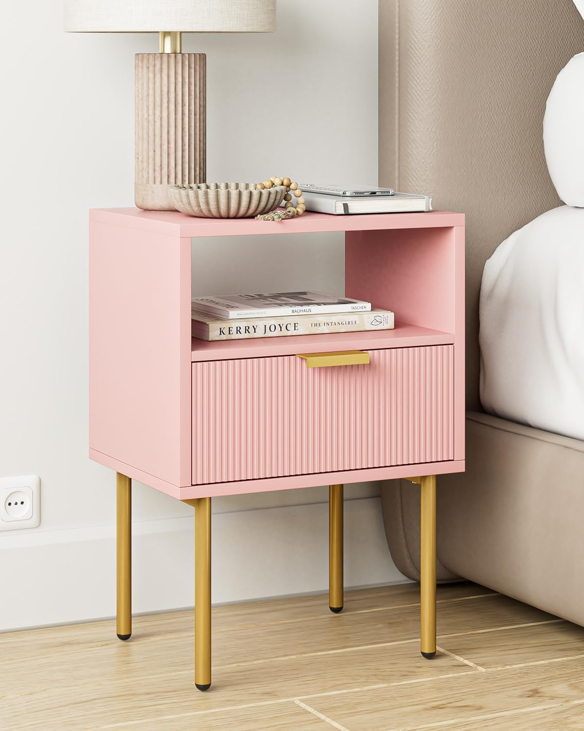 Nightstand,Modern Bedside Table with Gold Frame,Pink Night Stand ...