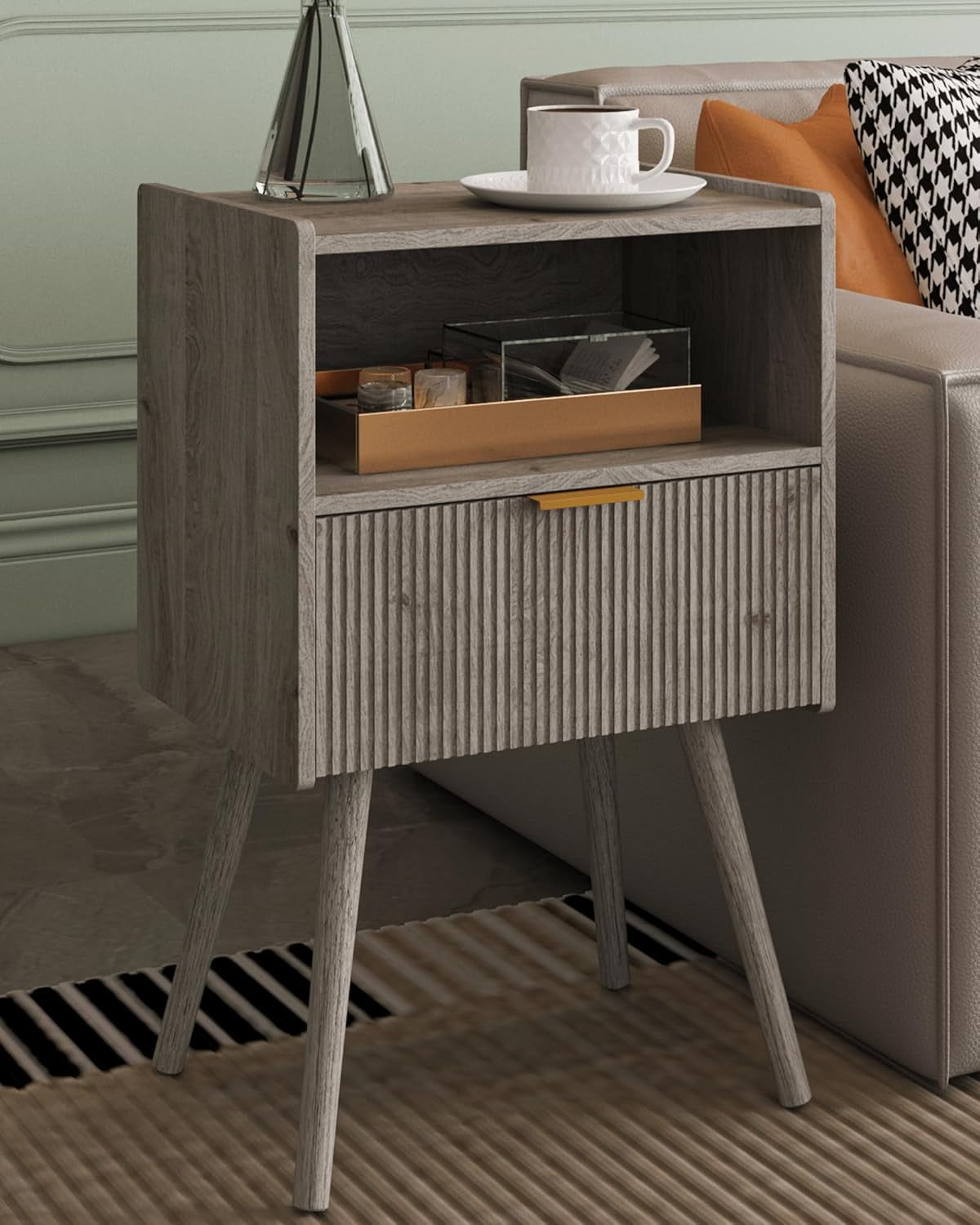 Nightstand,Modern Bedside Table with Storage Drawer and Open Wood Shelf ...