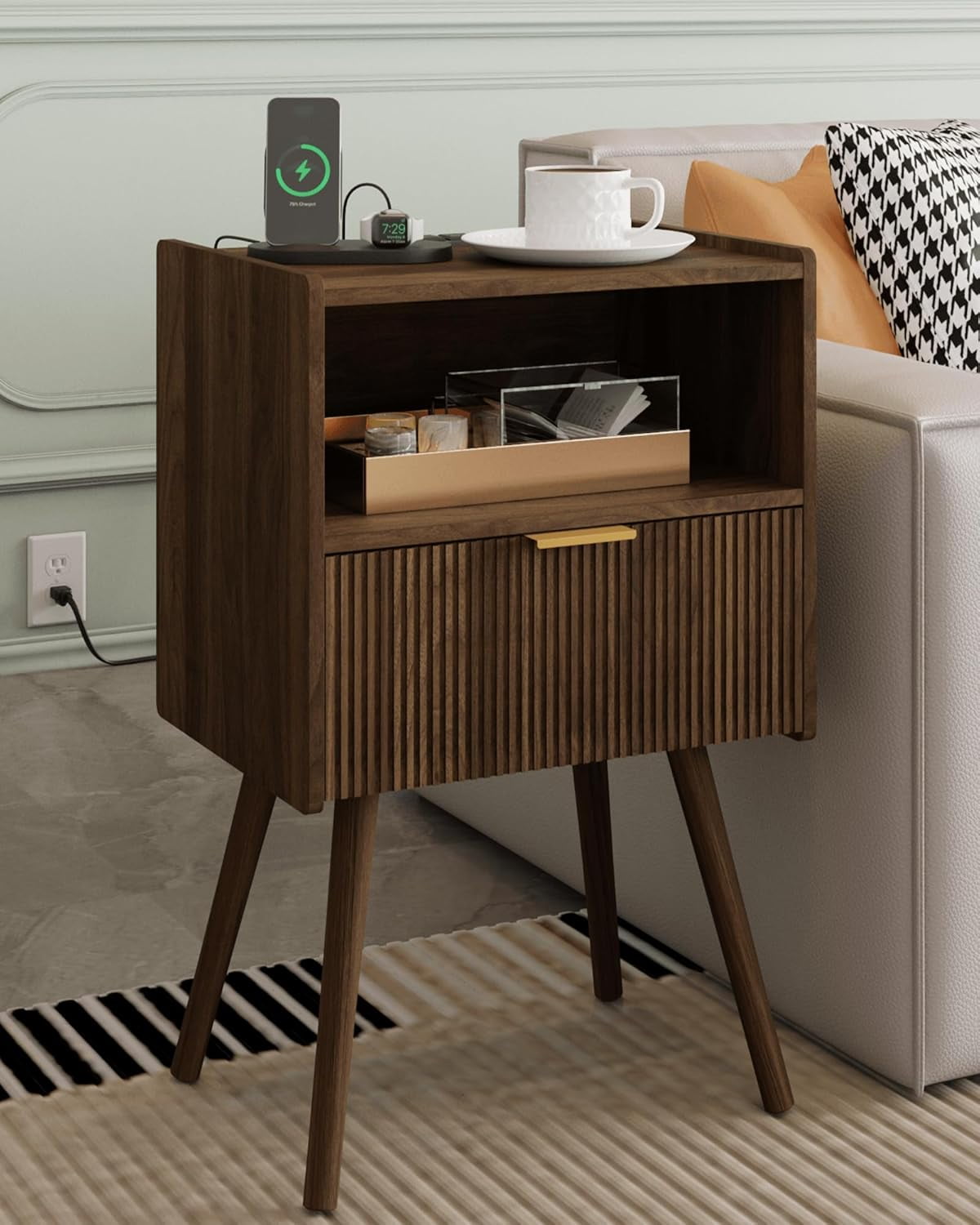 Nightstand,Modern Bedside Table with Storage Drawer and Open Wood Shelf ...