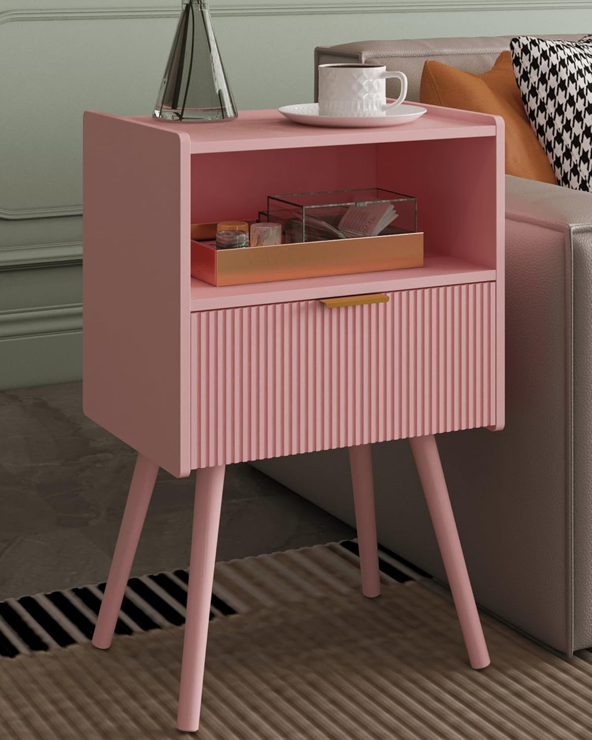 Nightstand,Modern Bedside Table with Storage Drawer and Open Wood Shelf ...