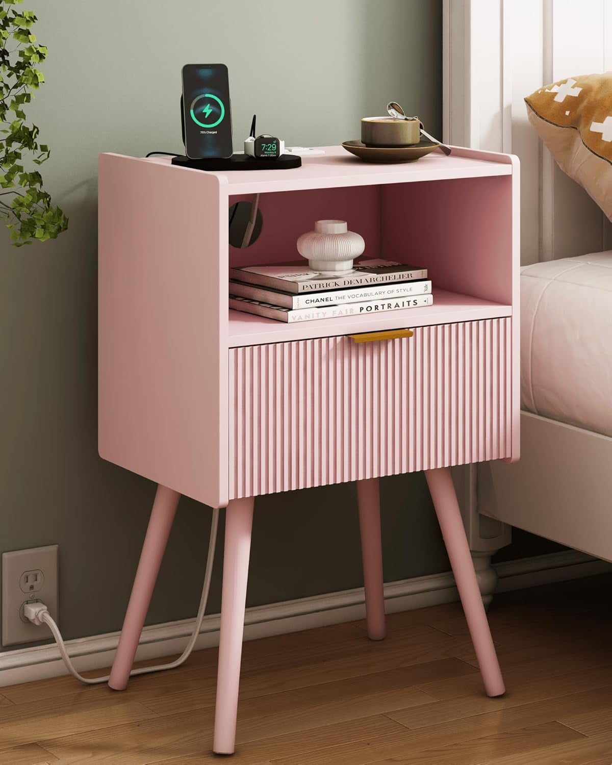 Nightstand,Modern Bedside Table with Storage Drawer and Open Wood Shelf ...
