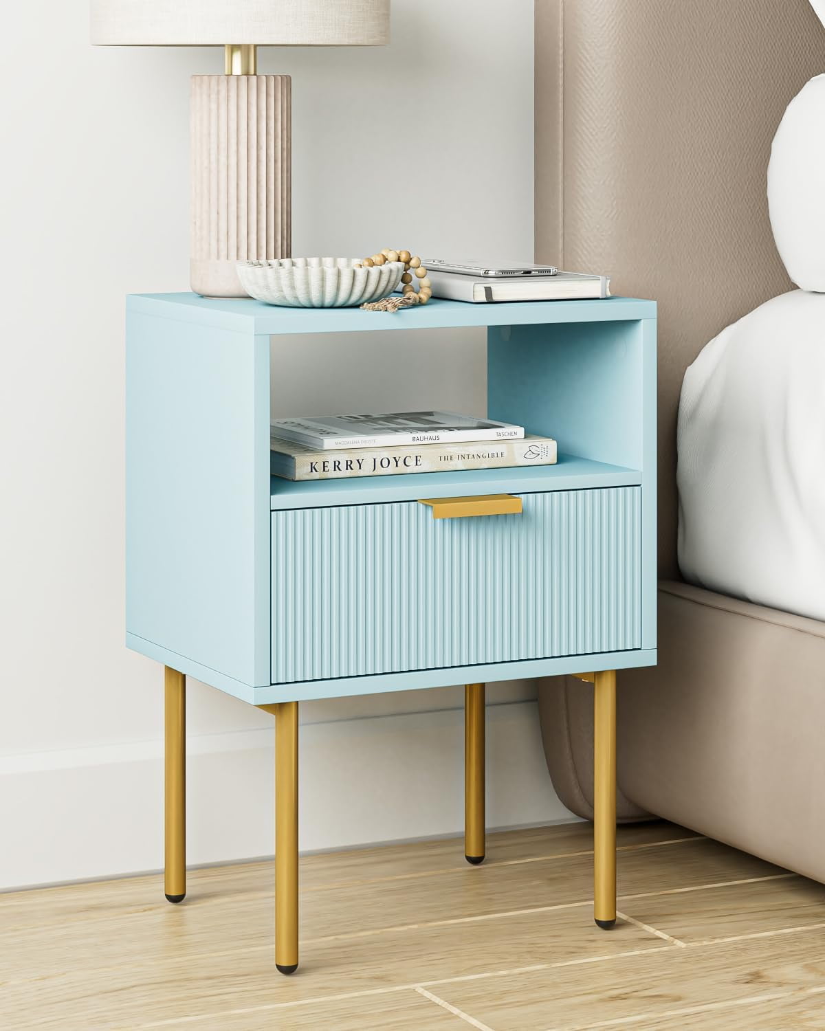 Nightstand,Morden Bedside Table with Gold Frame,Small Blue Night Stand ...