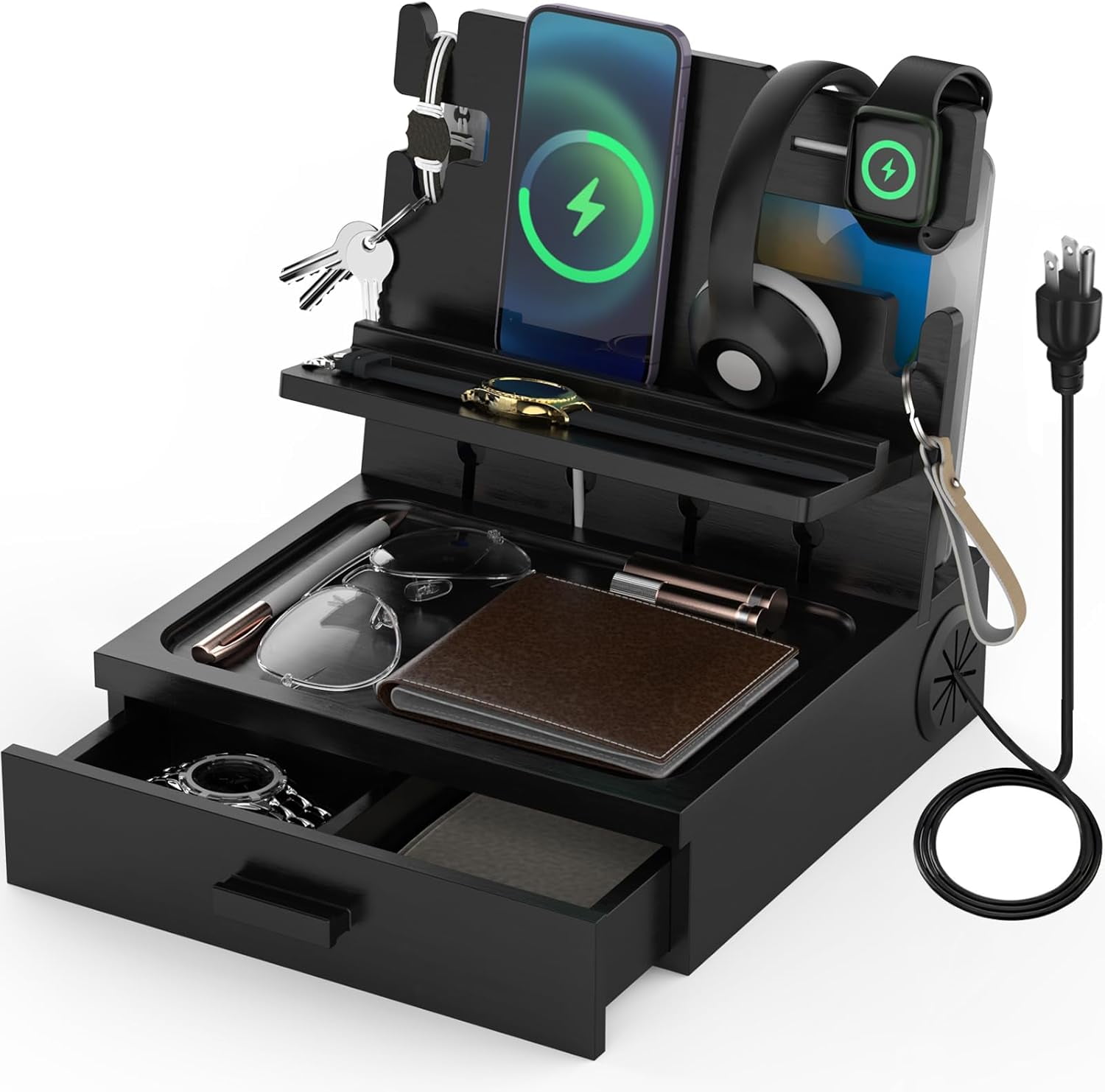 Nightstand Organizer with Charging Station, Wood Docking Station with ...