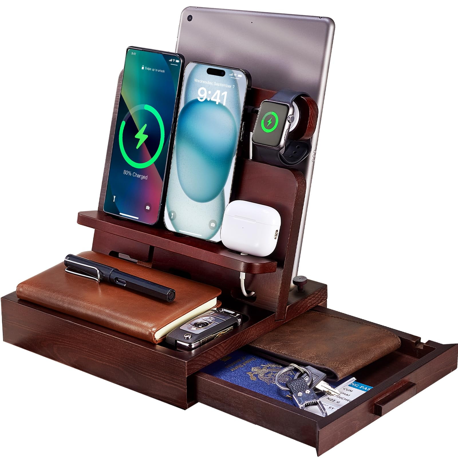 Nightstand Organizer for Men, Wood Phone Docking Station with Drawer ...
