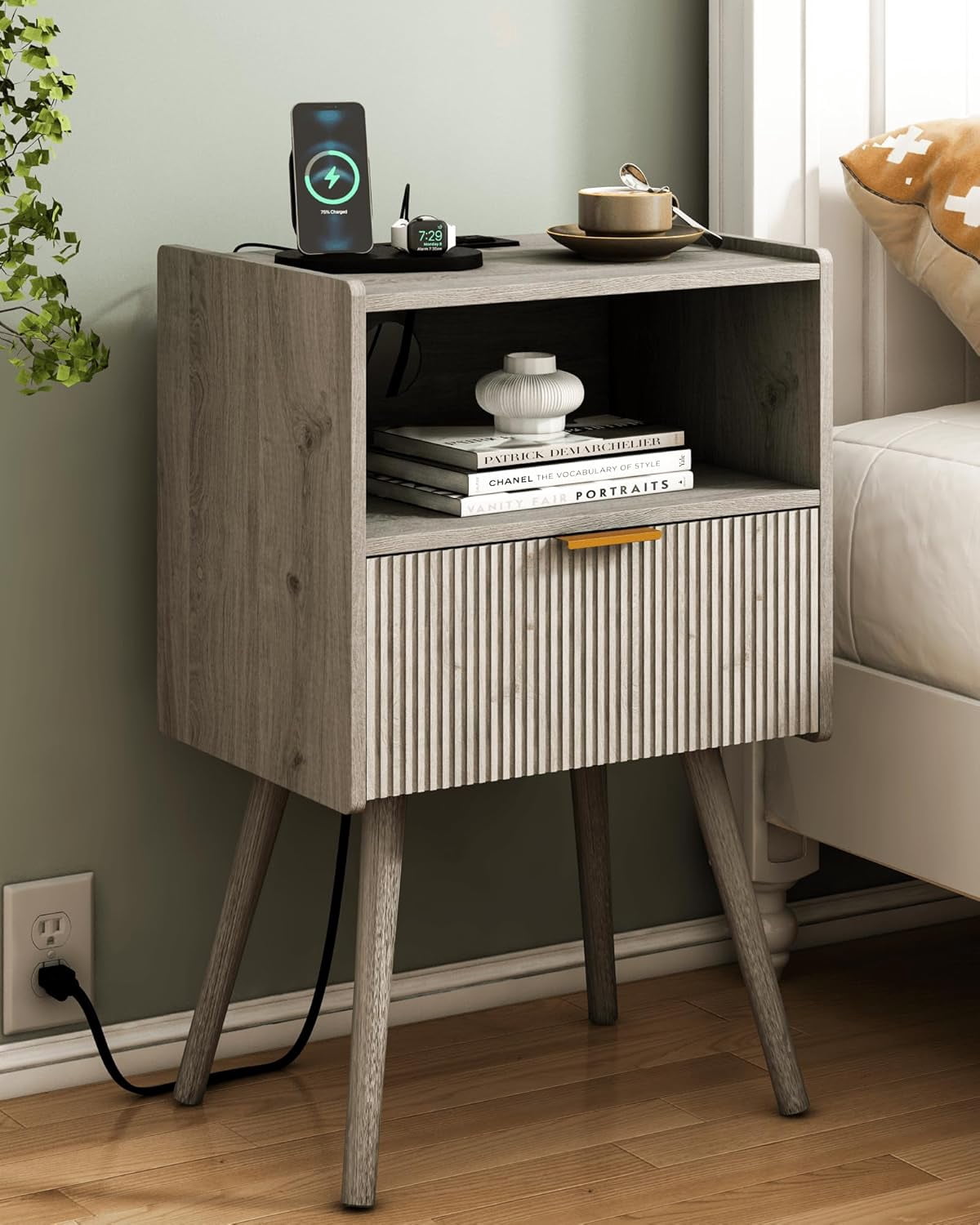 Nightstand with Outlet,Modern Bedside Table with Storage Drawer and ...