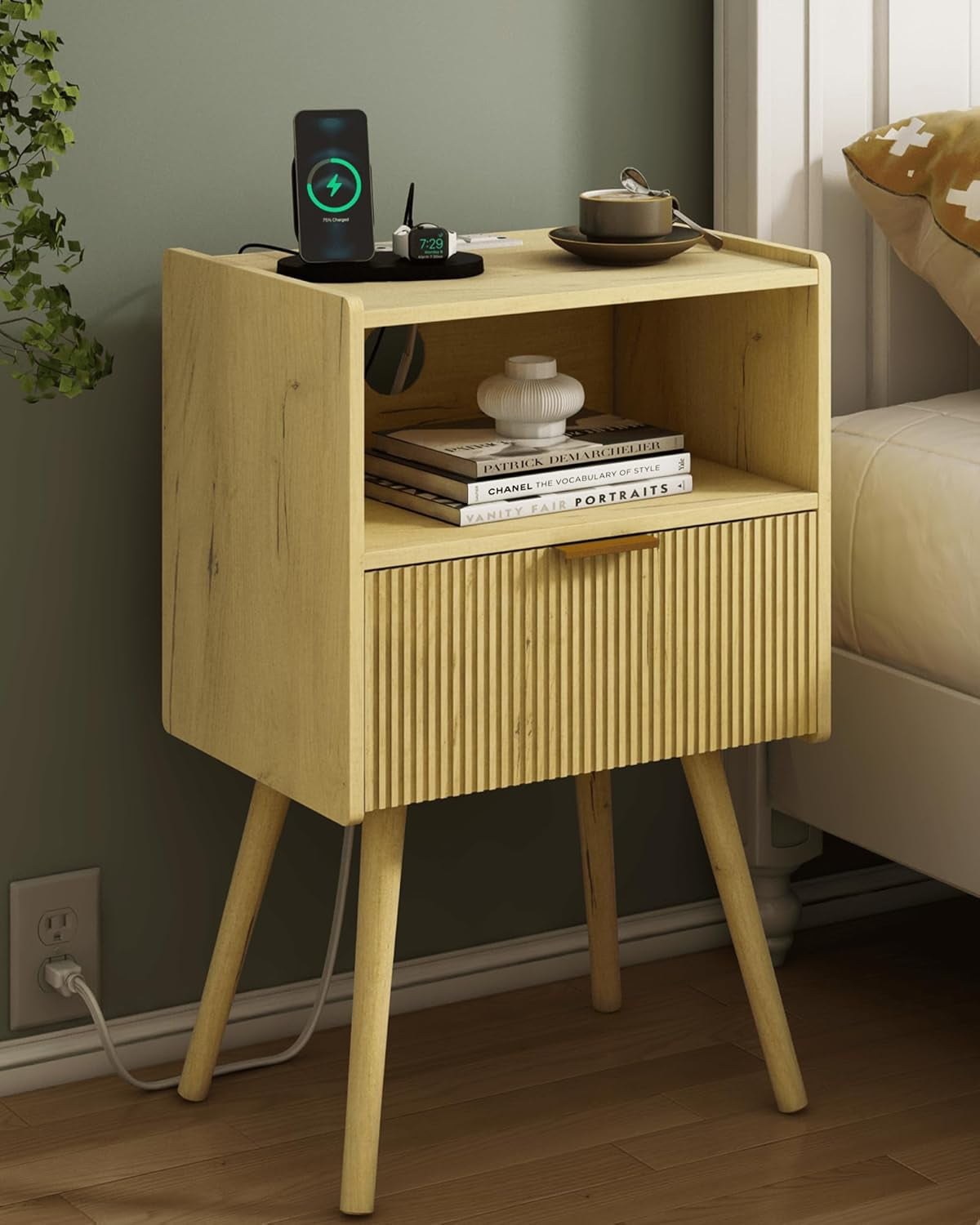 Nightstand with Outlet,Modern Bedside Table with Storage Drawer and ...
