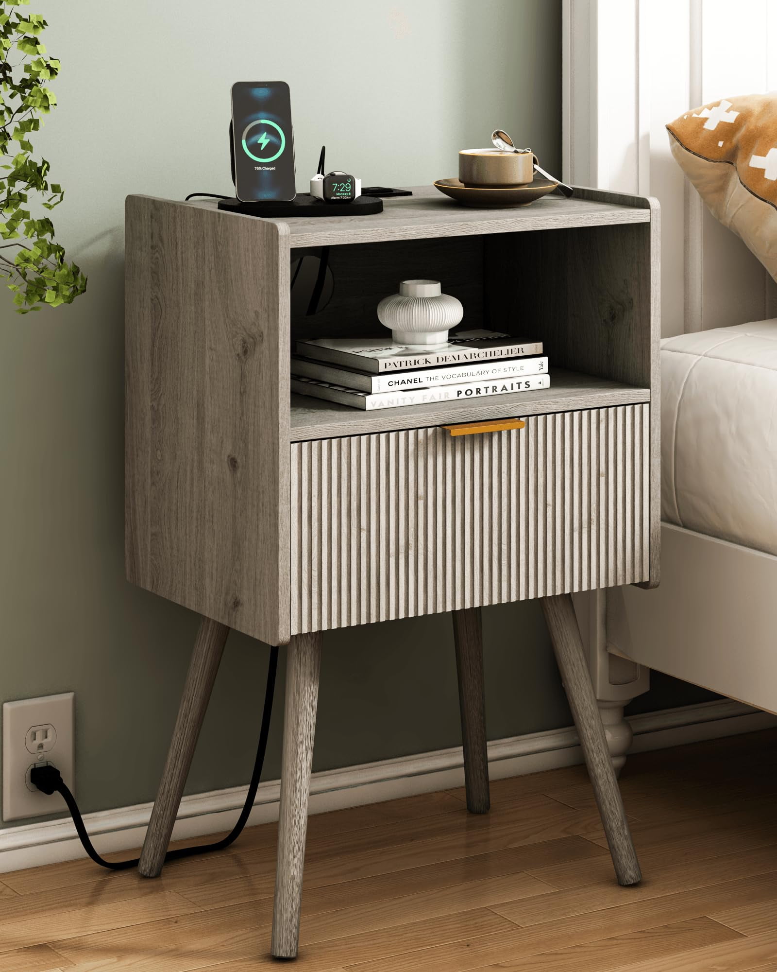 Nightstand with Outlet,Modern Bedside Table with Storage Drawer and ...
