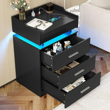 MONVANE Modern LED Nightstand with 3 Drawers , White Nightstand Bedside ...