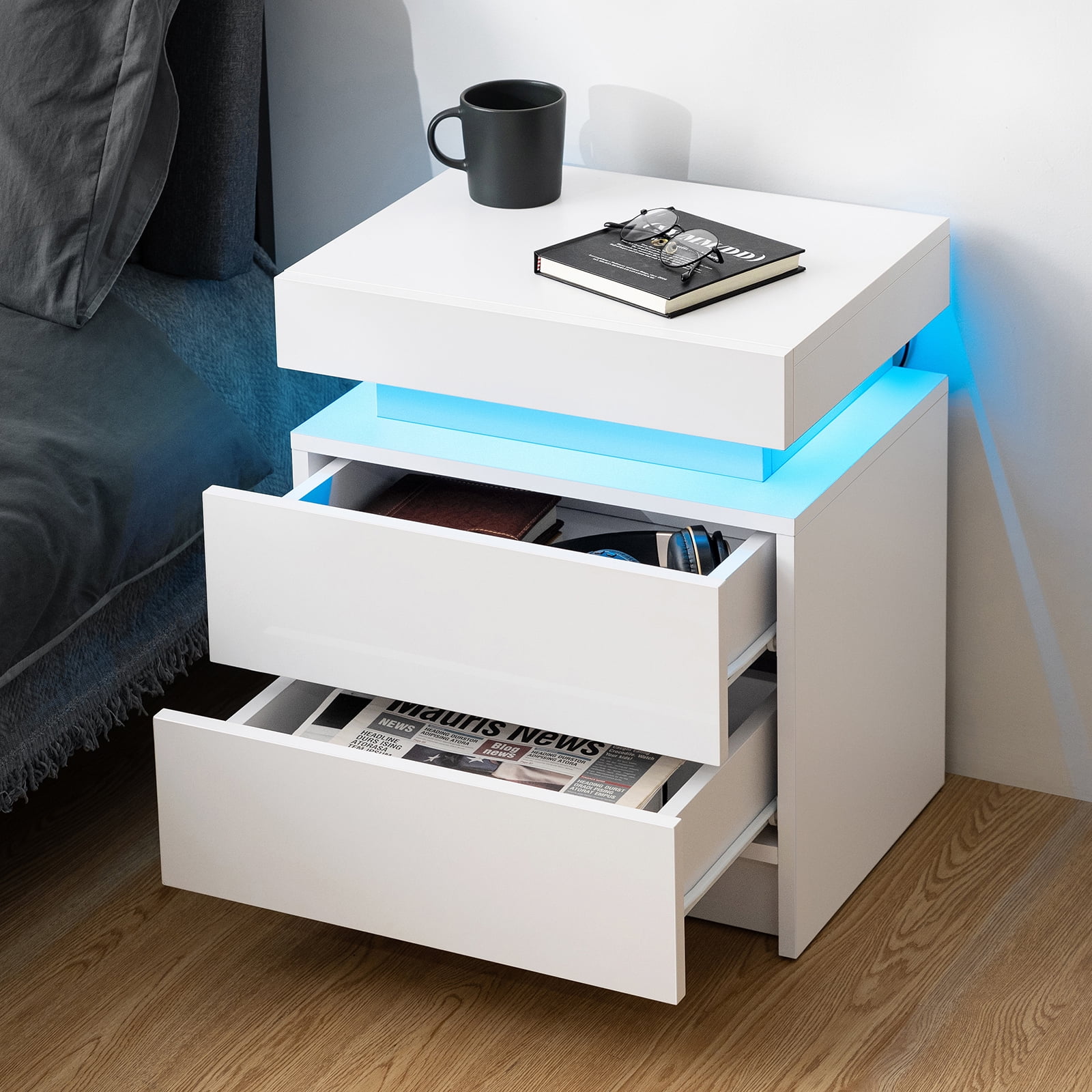 Nightstand RGB LED Light Bedside Table Cabinet with 2 Drawer Bedroom ...
