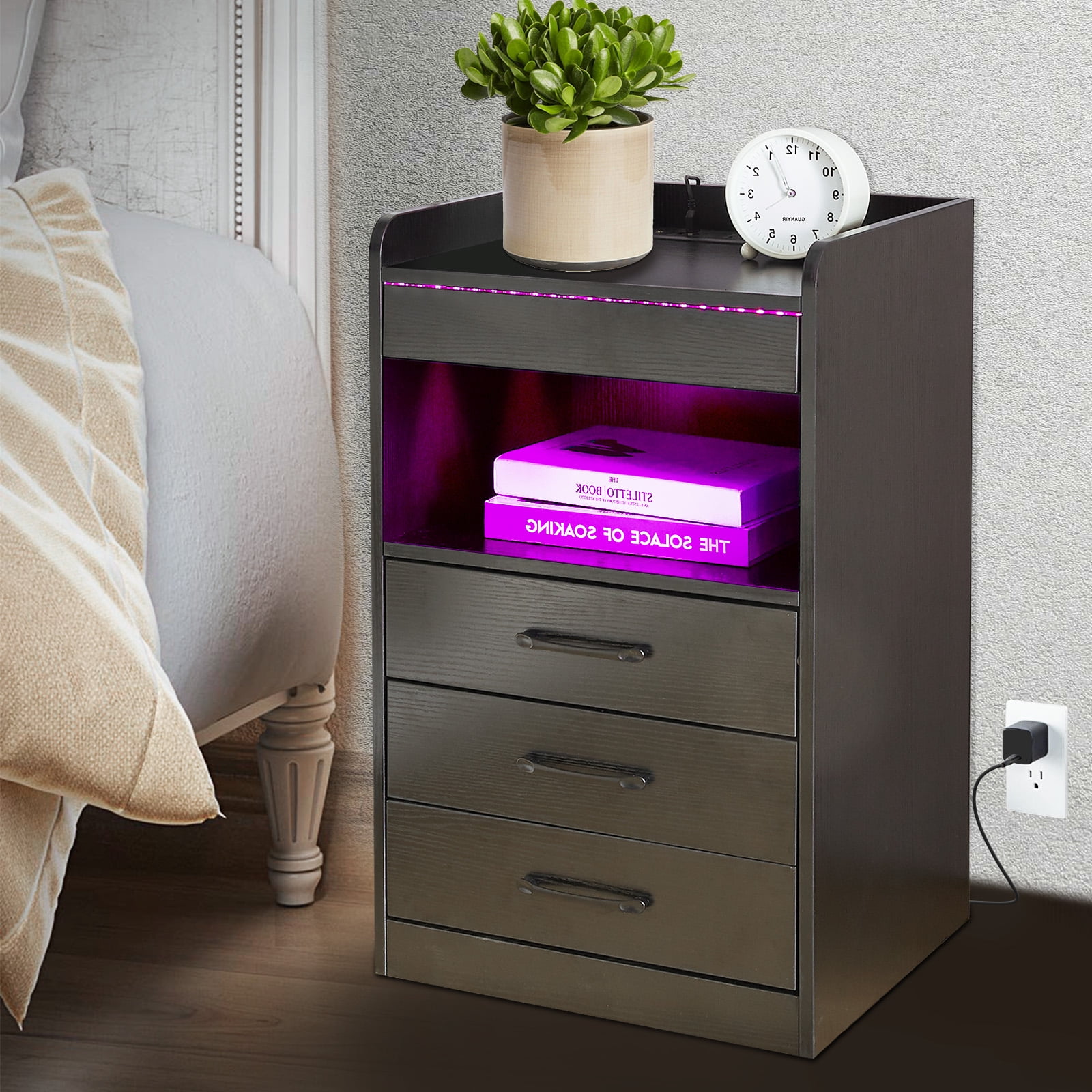 Nightstand RGB LED Lights Bedside Table Cabinet w/ Charging Station and ...