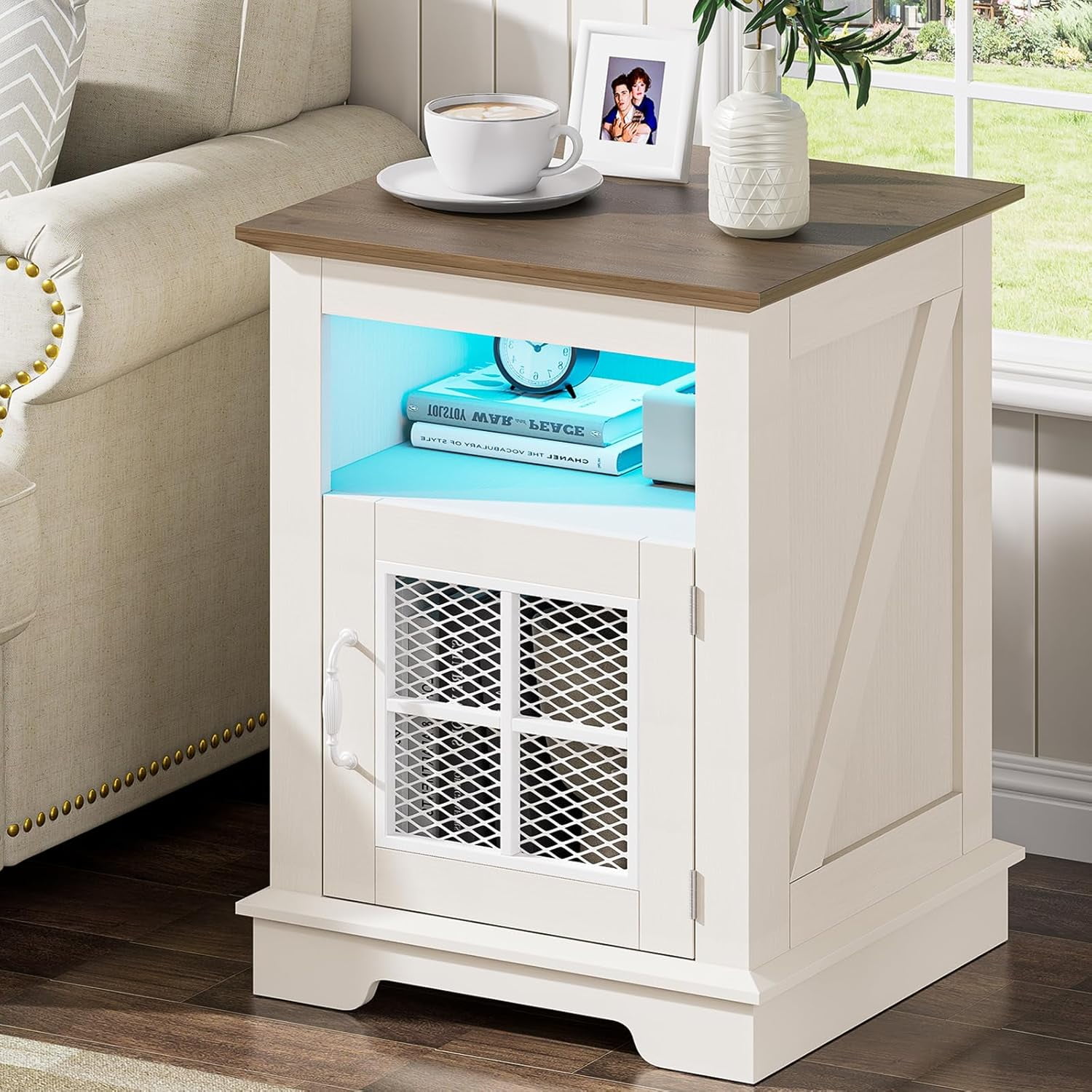Nightstand with RGB Lights, Farmhouse Night Stand with Magnetic Metal ...