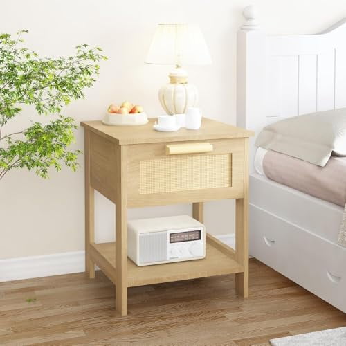 Nightstand, Rattan End Table, Side Table with Rattan Drawer and Opening Shelf, Wood Accent Table ...