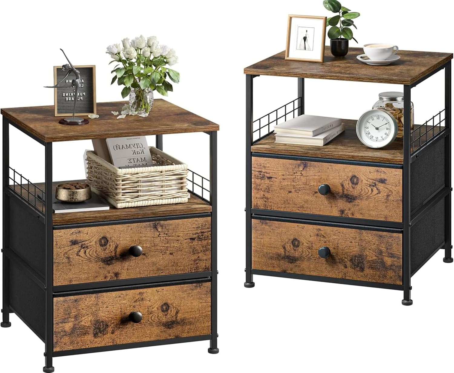 Nightstand Set of 2, 17.8" W Bedside Table with Fabric Drawers and Open ...