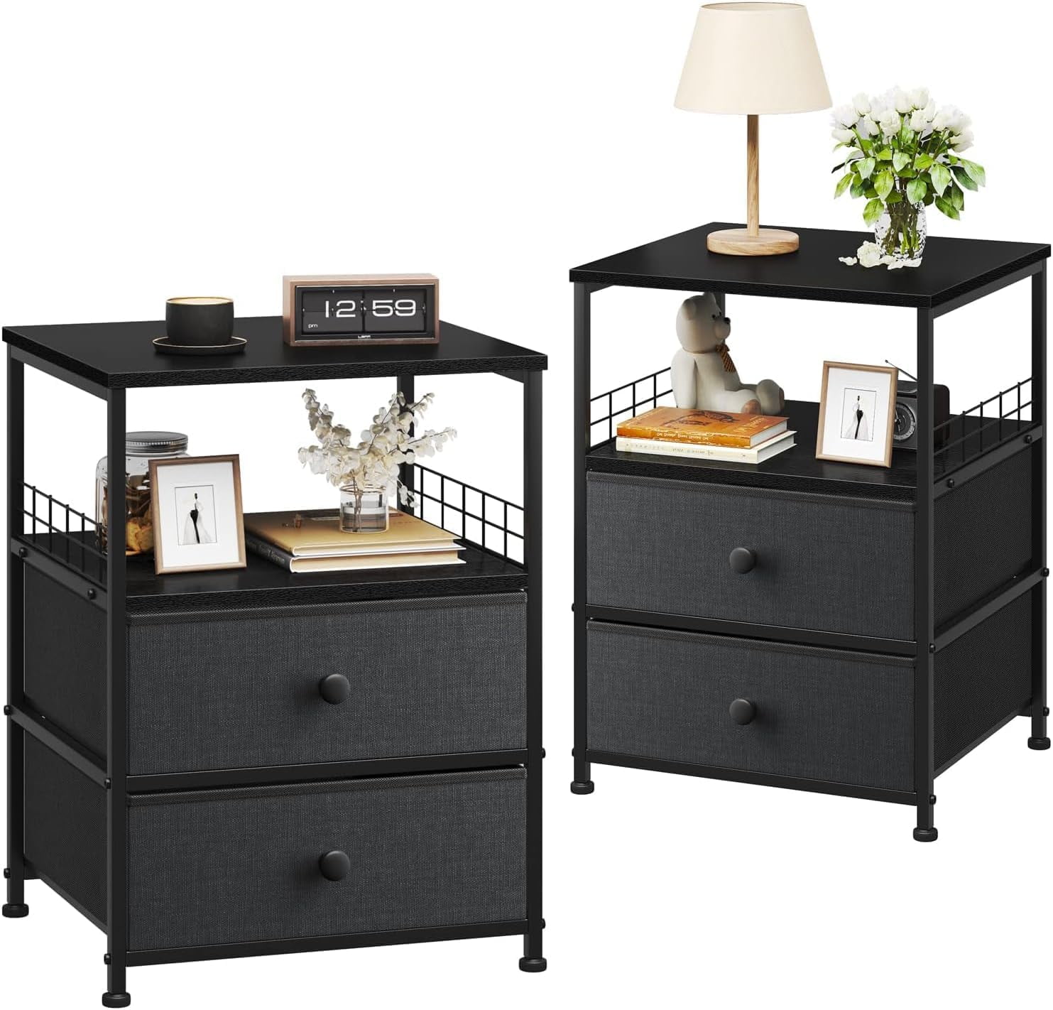 Nightstand Set of 2, 17.8"W Bedside Table with Fabric Drawers and Open ...