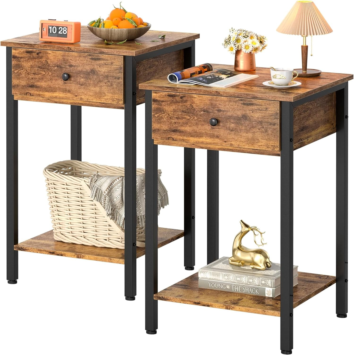 Nightstand Set of 2, 2 Pack Bedside Table with Storage, 3-Tier Night ...