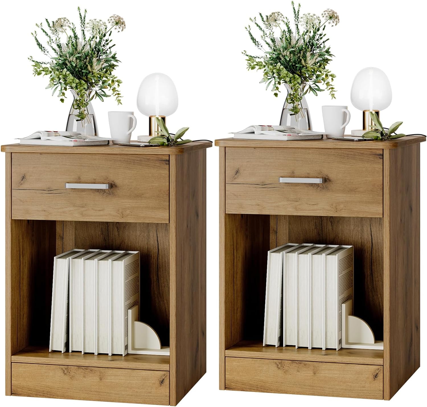 Nightstand Set of 2, 2-Tier Side Table with Drawer and Storage Shelf ...