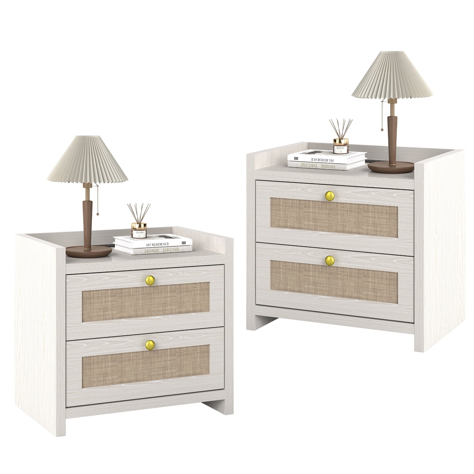 Nightstand Set of 2, Boho Natural Linen Bedside Table End Table with ...