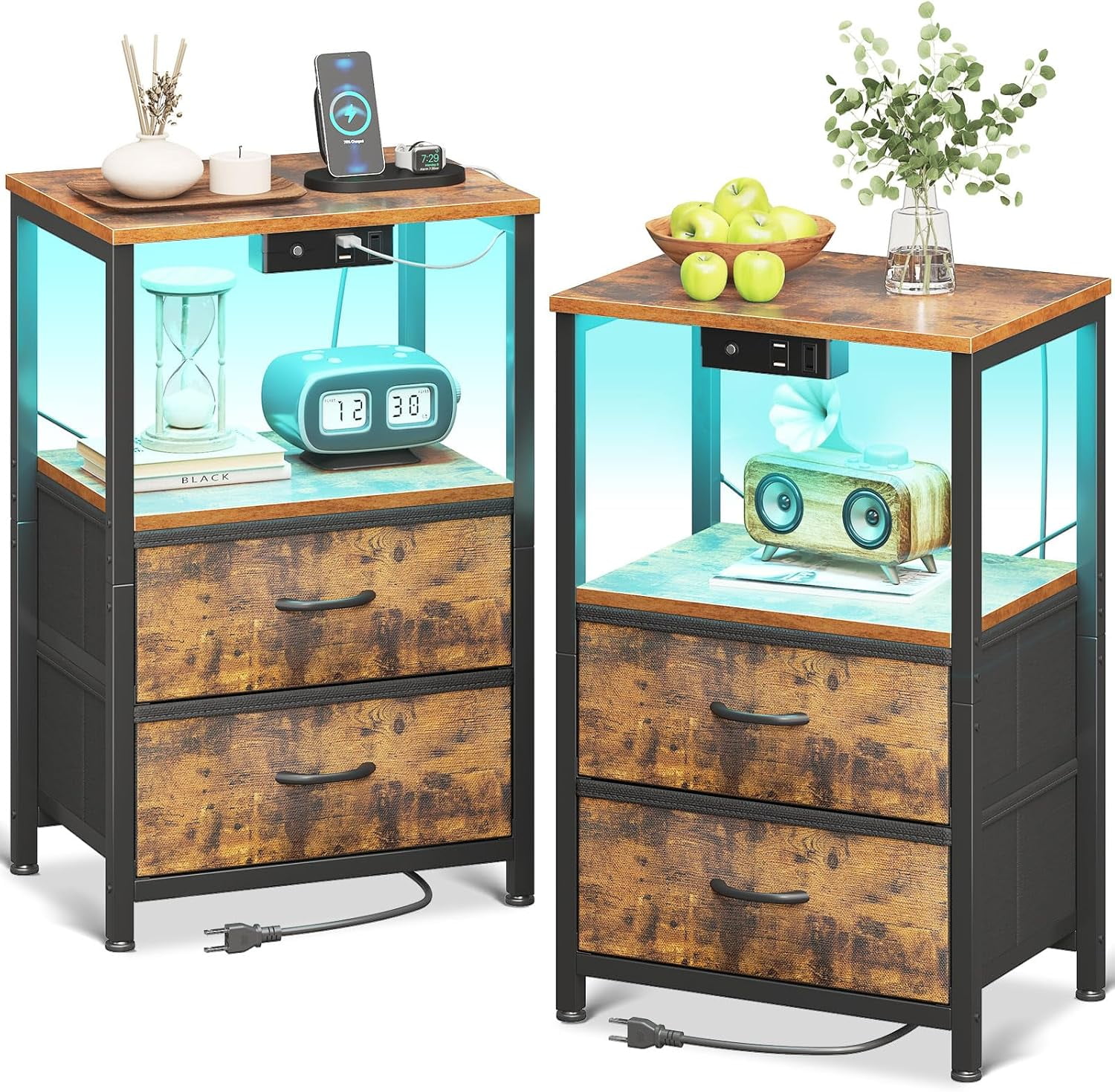 Night Stand with Charging Station and LED Lights, End Table for Bedroom ...