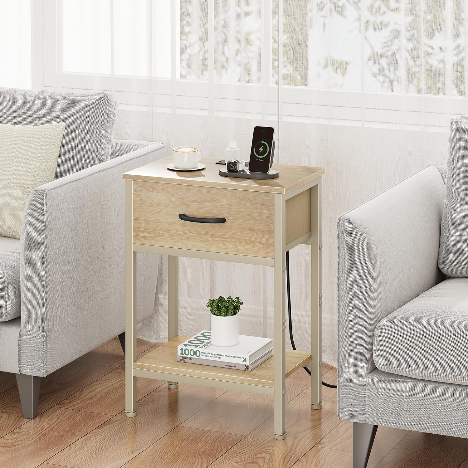 Nightstand Set of 2 with Charging Station, Bed Side Table with Fabric ...