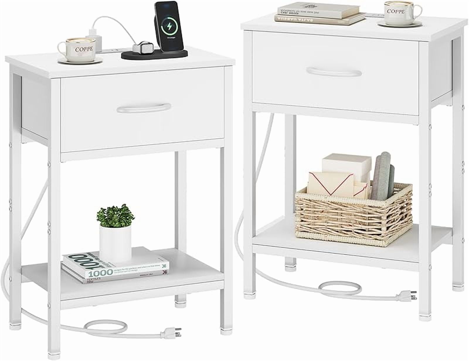 Nightstand Set of 2 with Charging Station, Bed Side Table with Fabric ...