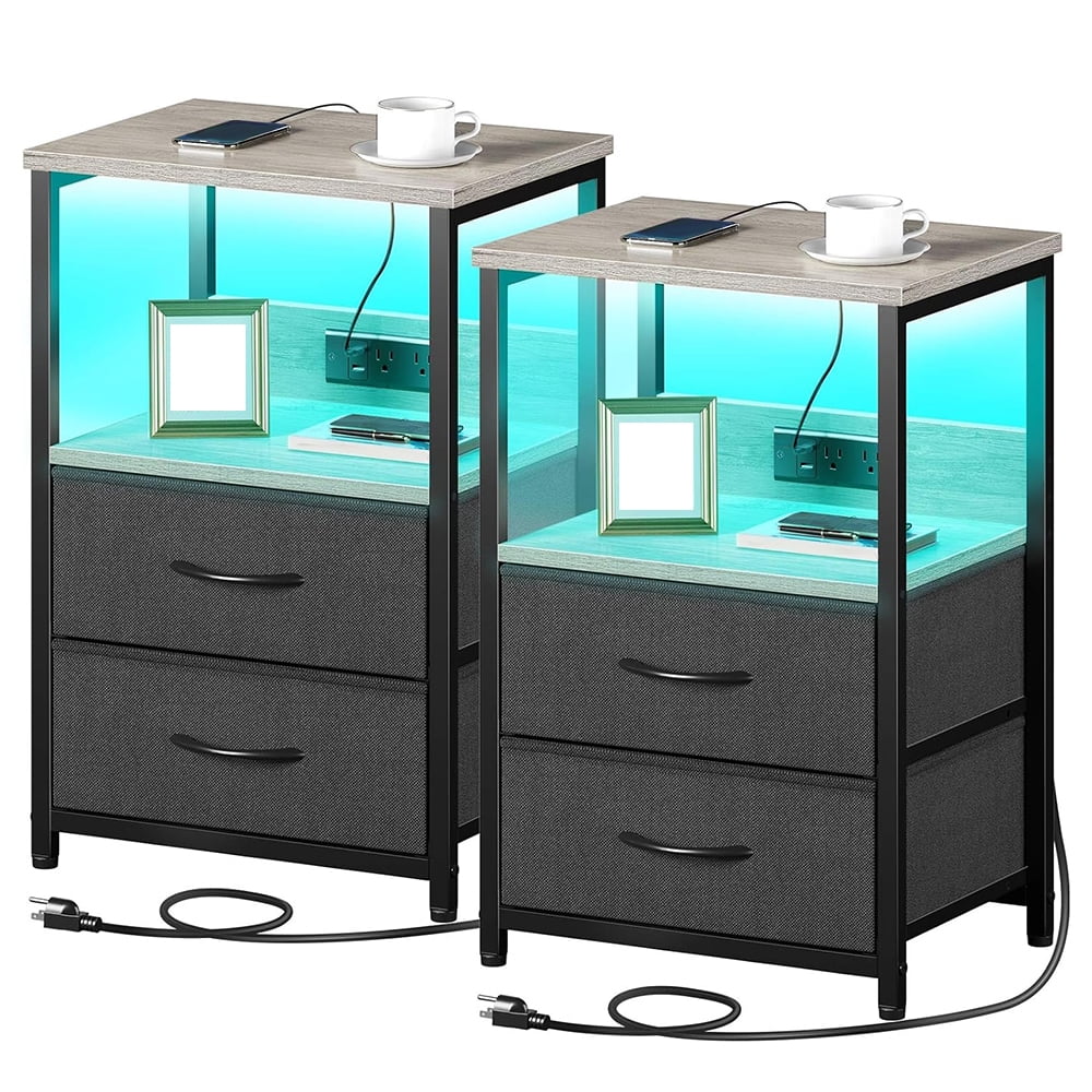 Nightstand Set of 2 with Charging Station, Bedside Table with LED ...