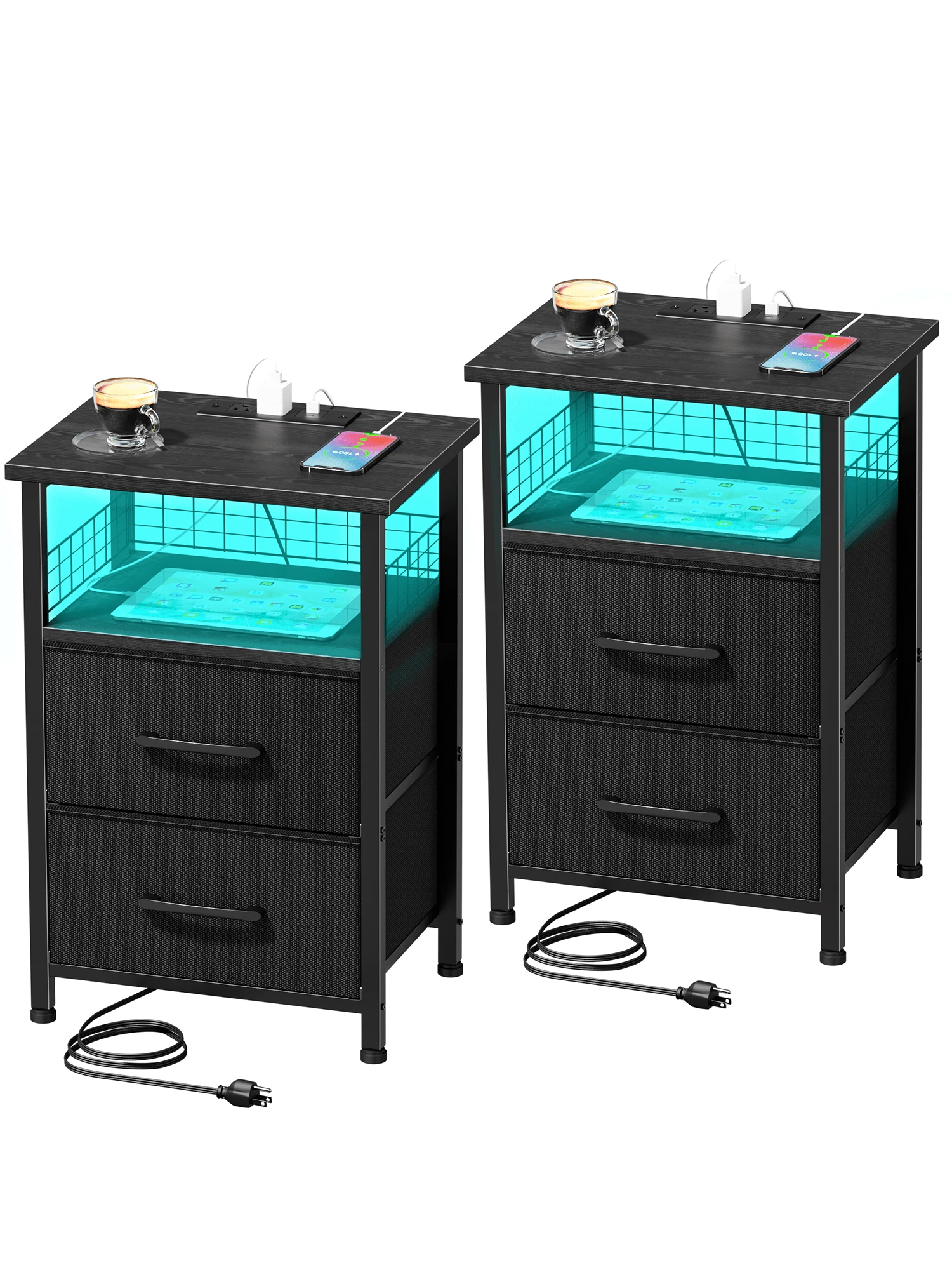 Nightstand Set Of 2 With Charging Station, Night Stand With LED Lights ...