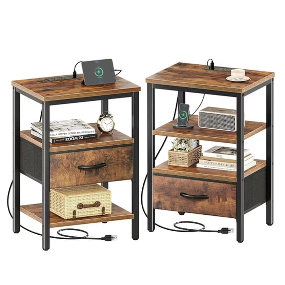 Nightstand Set of 2 with Dual Charging Stations, Adjustable Fabric ...