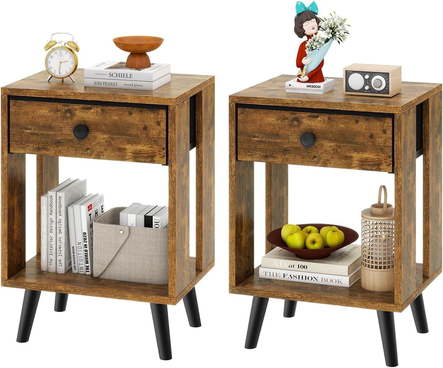 Nightstand Set of 2 with Fabric Drawers and Open Shelf Unit, Solid Wood ...