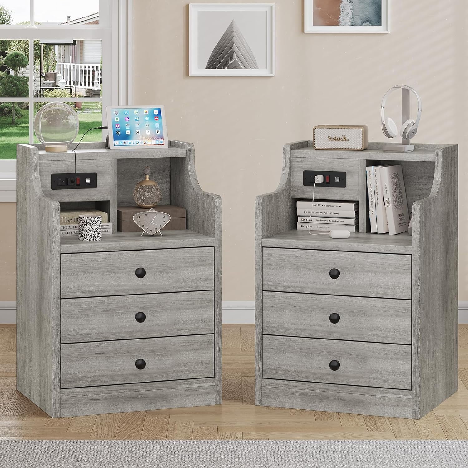 Nightstand Set 2, Grey Night Stands with Hutch and Charging Station ...