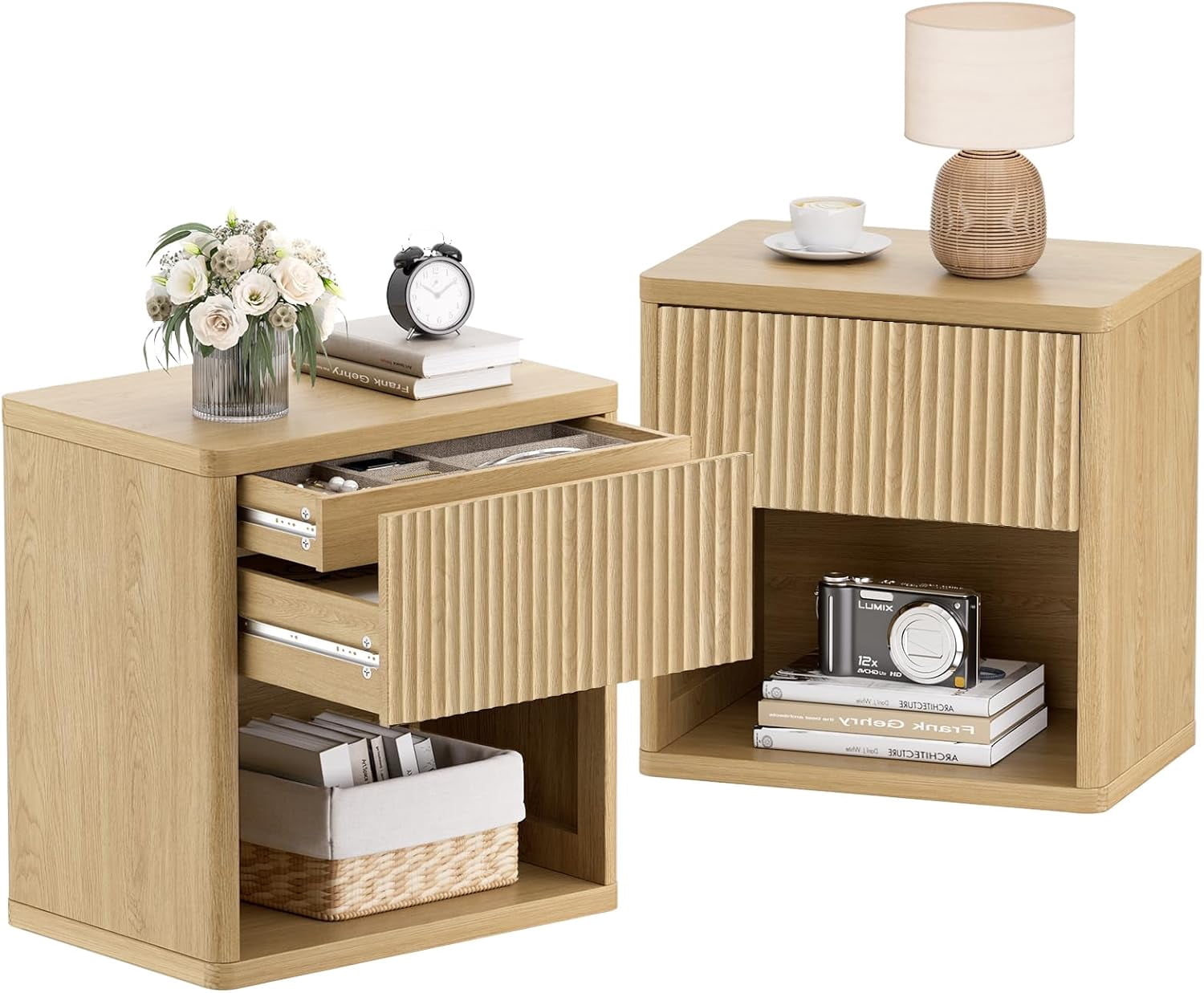 Nightstand Set of 2 with Hidden Drawers and Open Shelves, Mid Century ...
