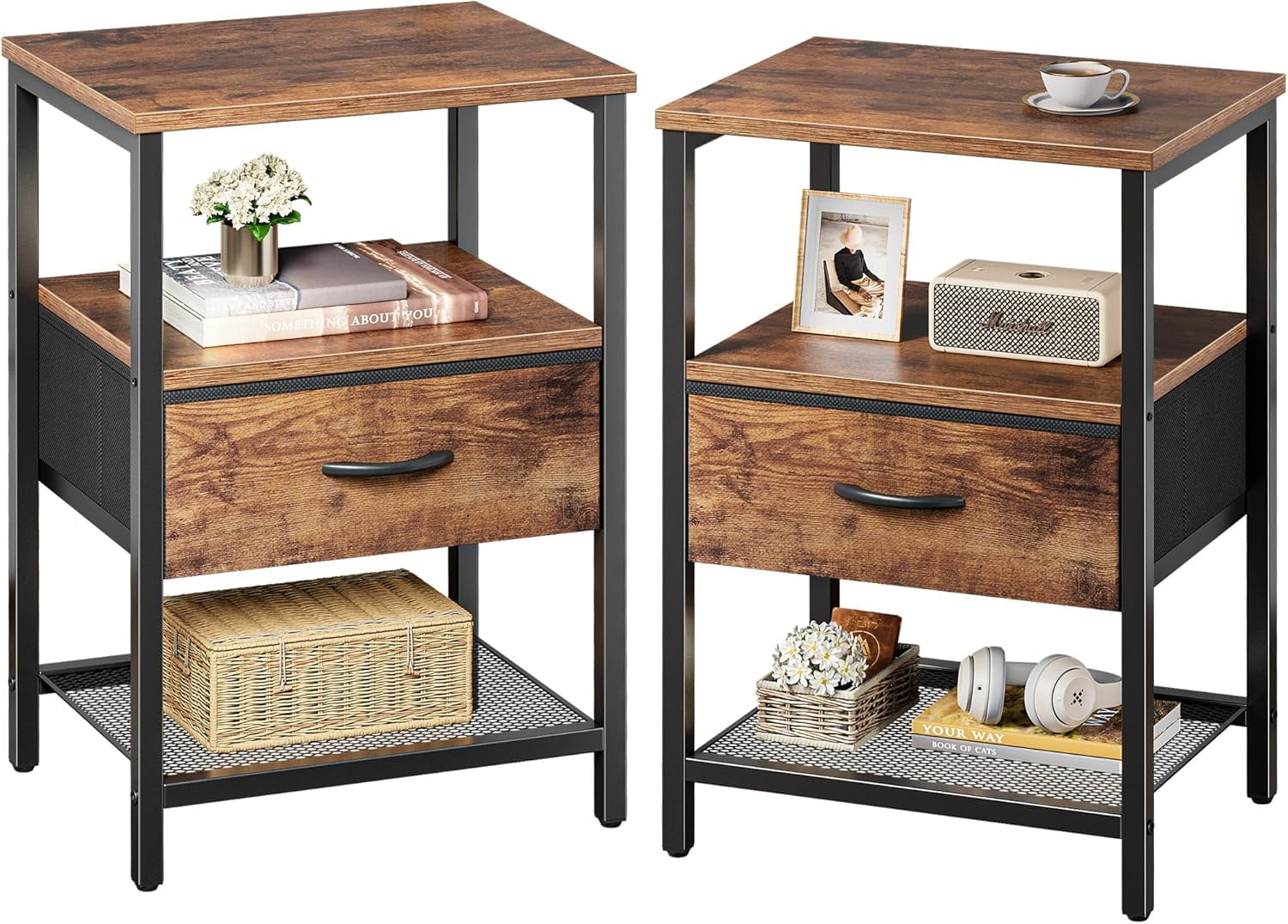 Nightstand Set of 2, Night Stand with Fabric Drawer, Mesh Shelf, Side ...