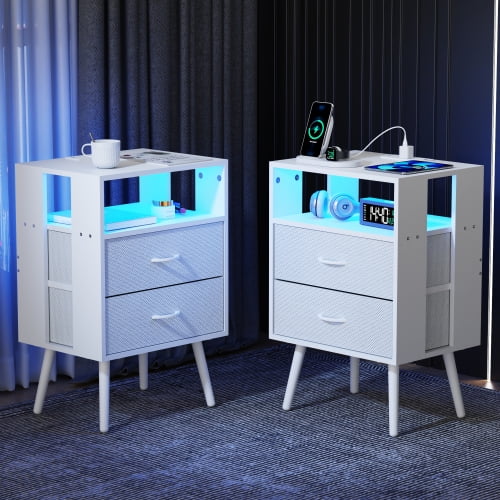 Nightstand Set 2-Pack with Dual Fabric Drawers, USB Charging Station ...