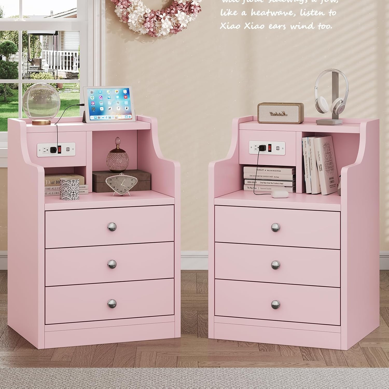 Nightstand Set 2, Pink Night Stands with Hutch and Charging Station ...