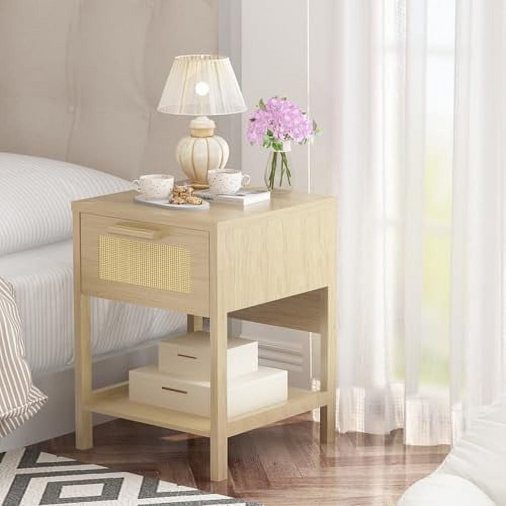 Nightstand Set of 2, Rattan End Table, Side Table with Rattan Drawer and Opening Shelf, Wood ...