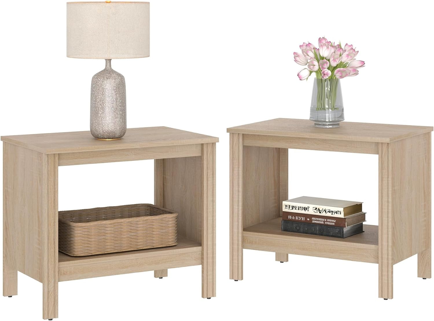 Nightstand Set of 2, Small Square End Tables for Living Room, 2-Tier ...