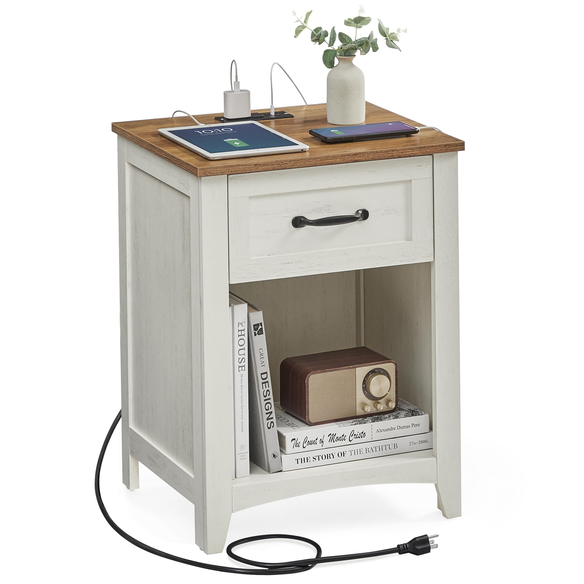 Nightstand Set of 2 with USB Charging Station, Grey Wooden End Table ...
