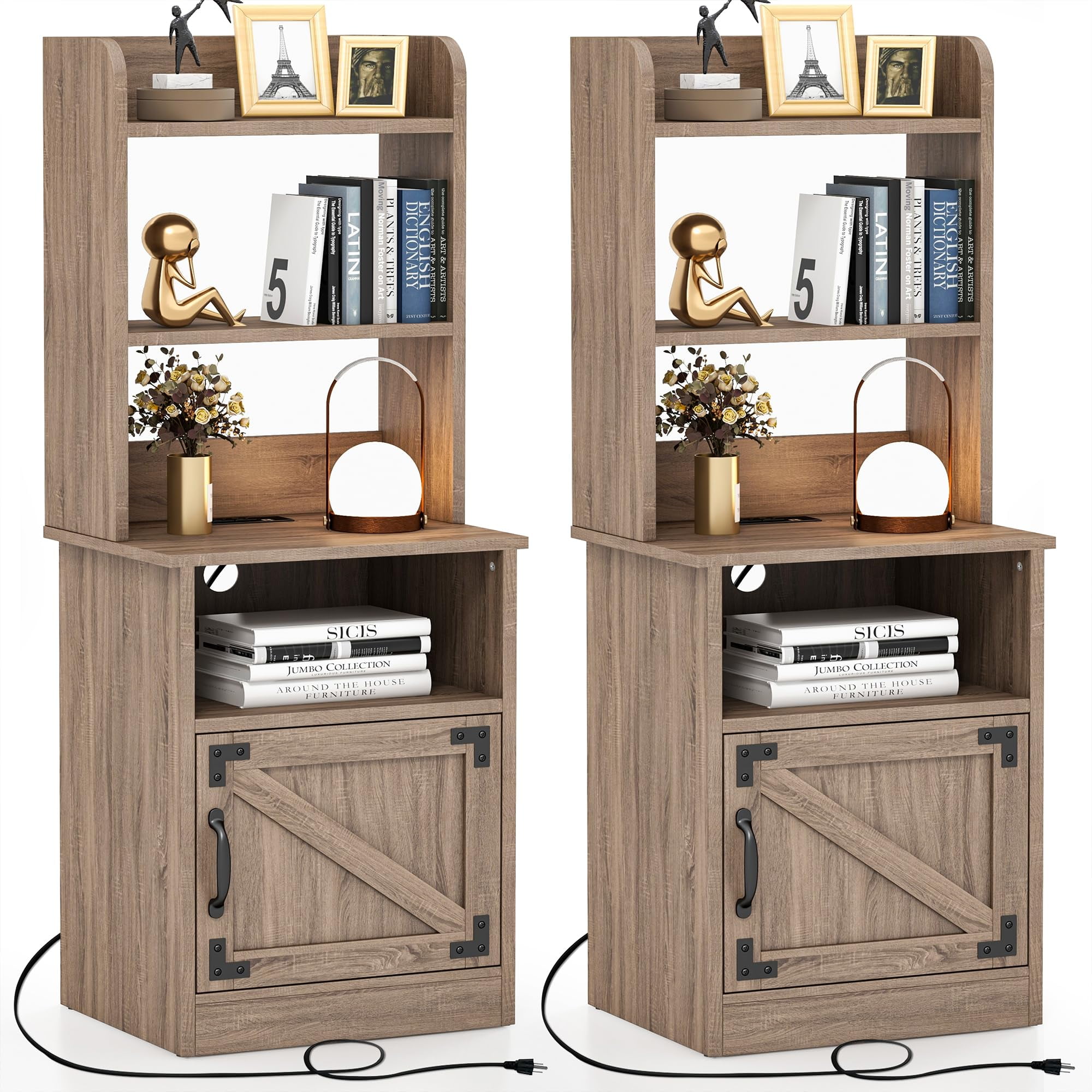 Nightstand Set with Charging Station and Adjustable Shelf, Industrial ...