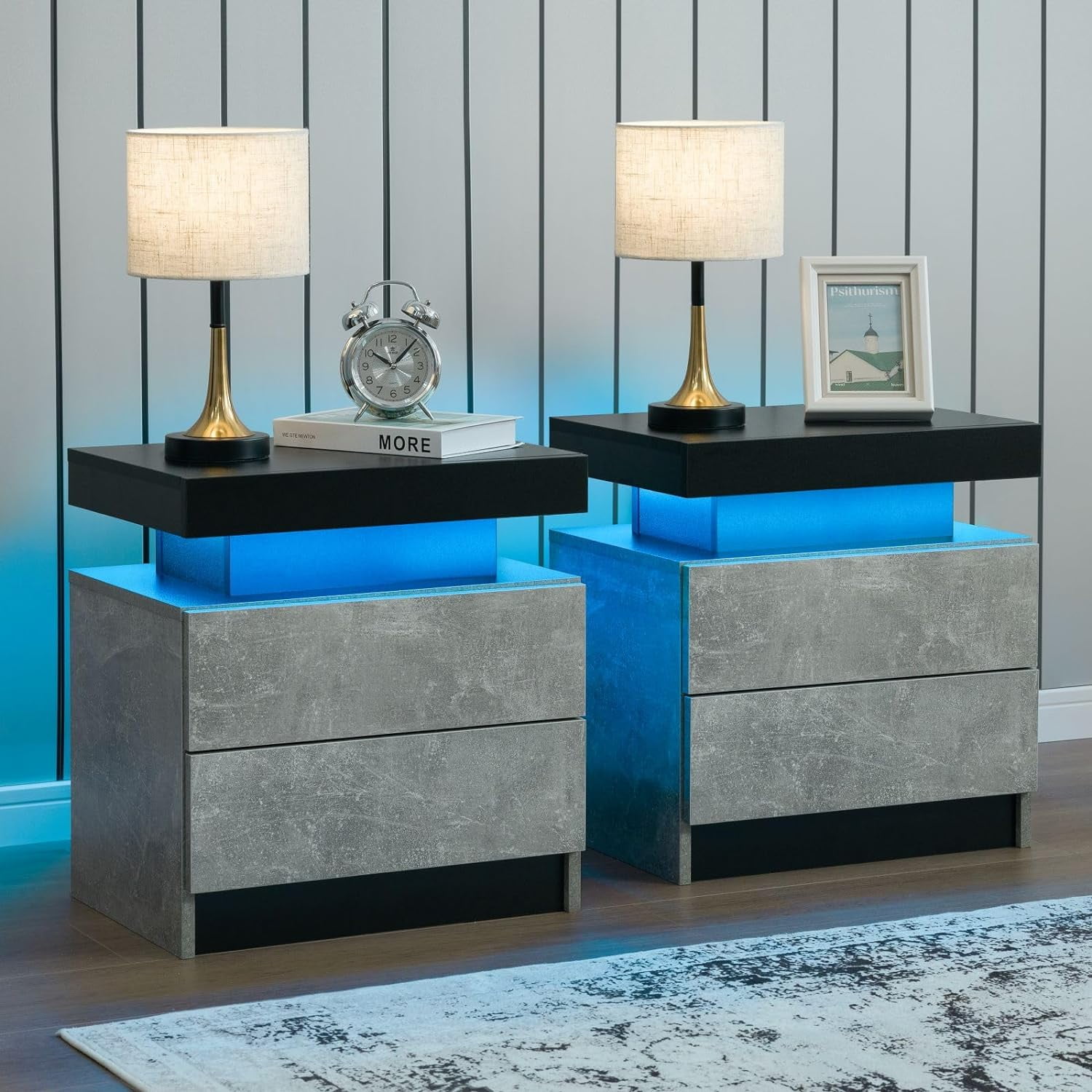 Nightstand Set of 2 LED Nightstand with 2 Drawers, Bedside Table with ...