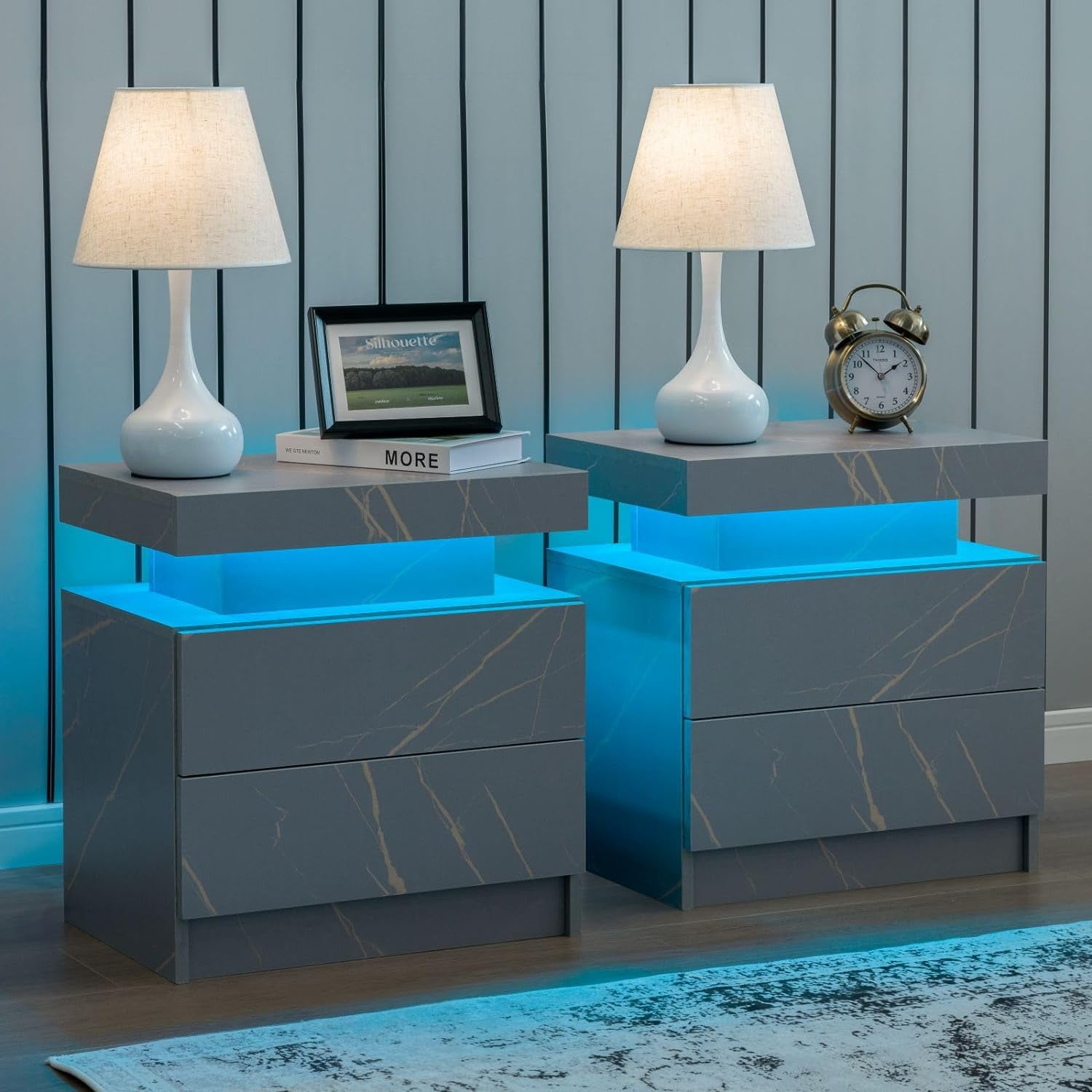 Nightstand Set of 2 LED Nightstand with 2 Drawers, Bedside Table with ...