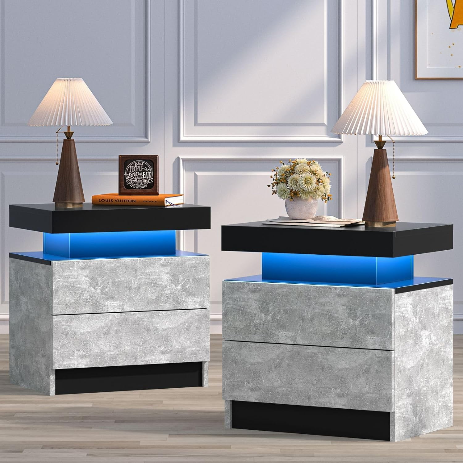 Nightstand Set of 2 LED Nightstand with 2 Drawers, Bedside Table with ...