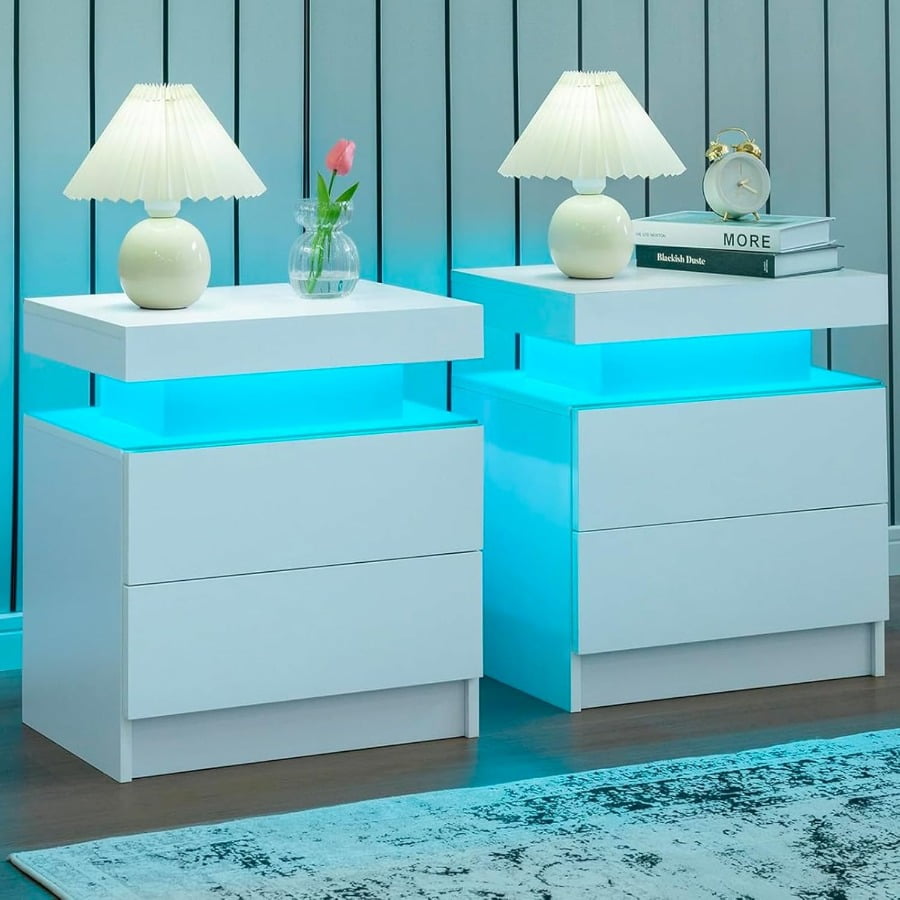 Nightstand Set of 2 LED Nightstand with 2 Drawers,Night Stand Set 2 ...