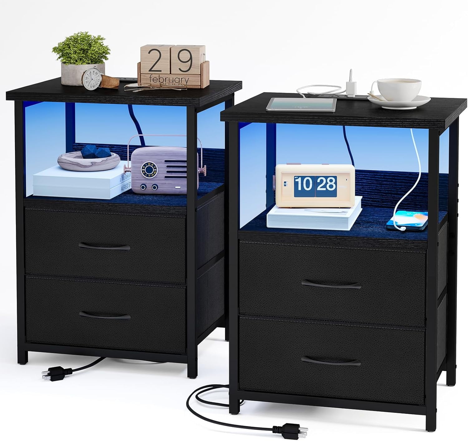 Nightstand Set of 2 Night Stand with Charging Station, LED Nightstand ...