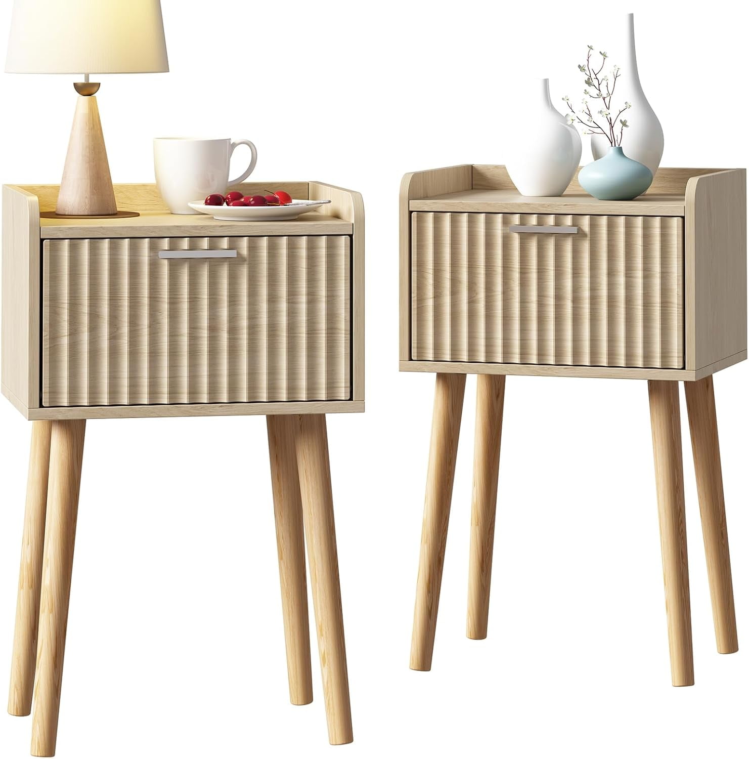 Nightstand Set of 2, Small Bed Side Table with Fluted Door, End Table ...
