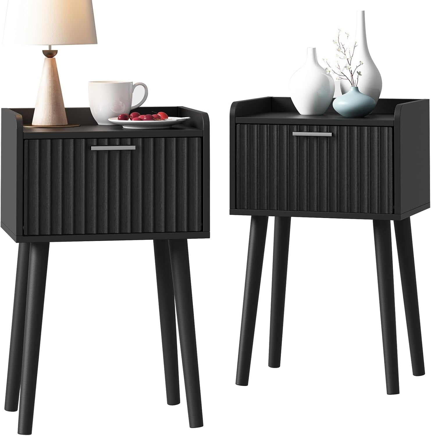 Nightstand Set of 2, Small Bed Side Table with Fluted Door, End Table ...
