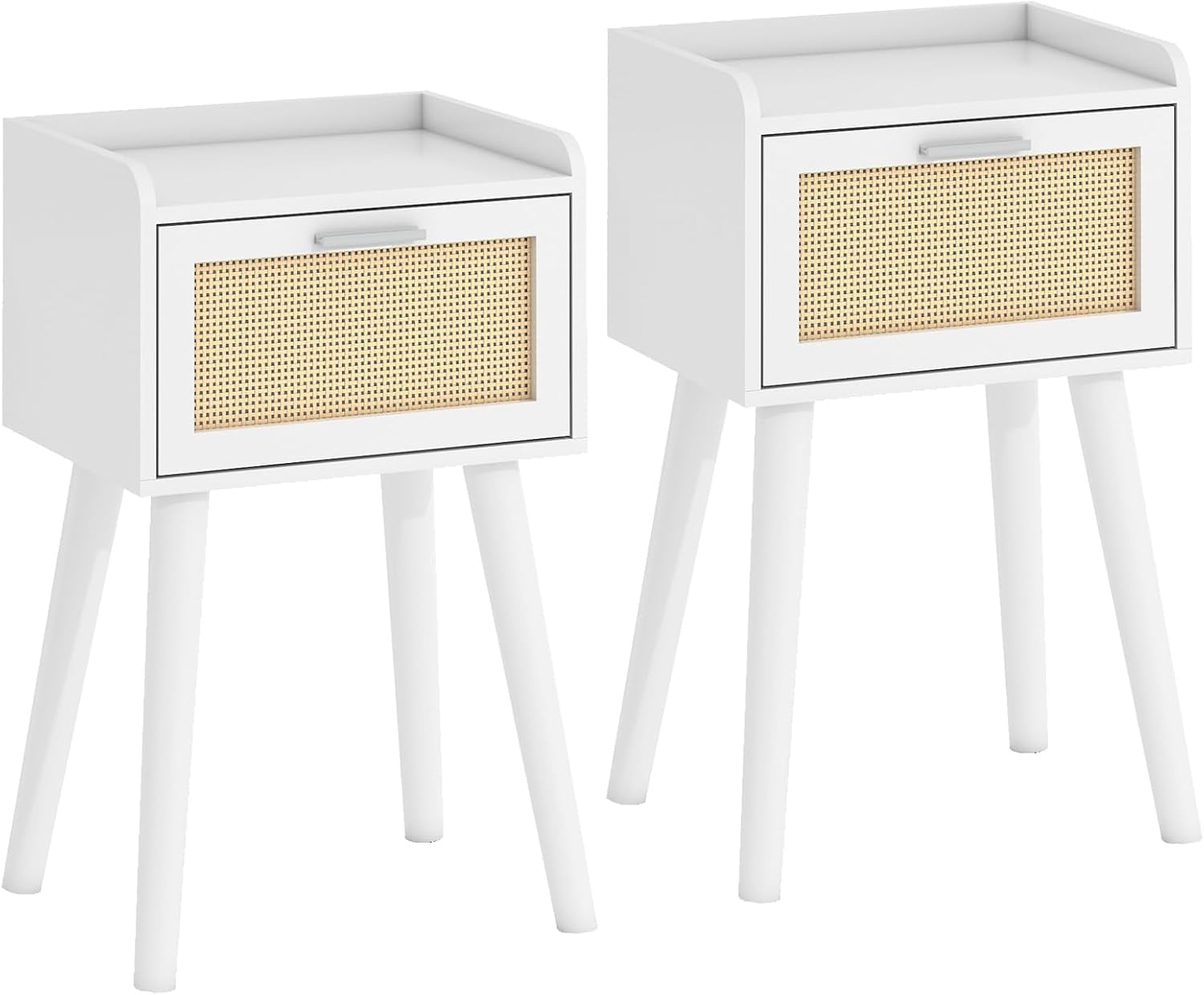 Nightstand Set of 2, Small White Bedside Table, End Table with Rattan ...
