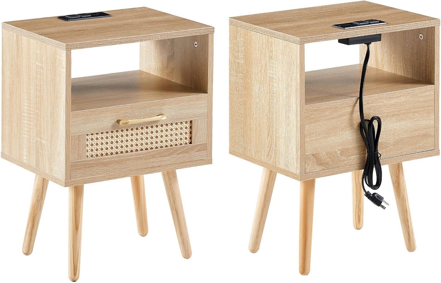Nightstand Set of 2, USB End Table Bedside Table with Rattan Decor ...