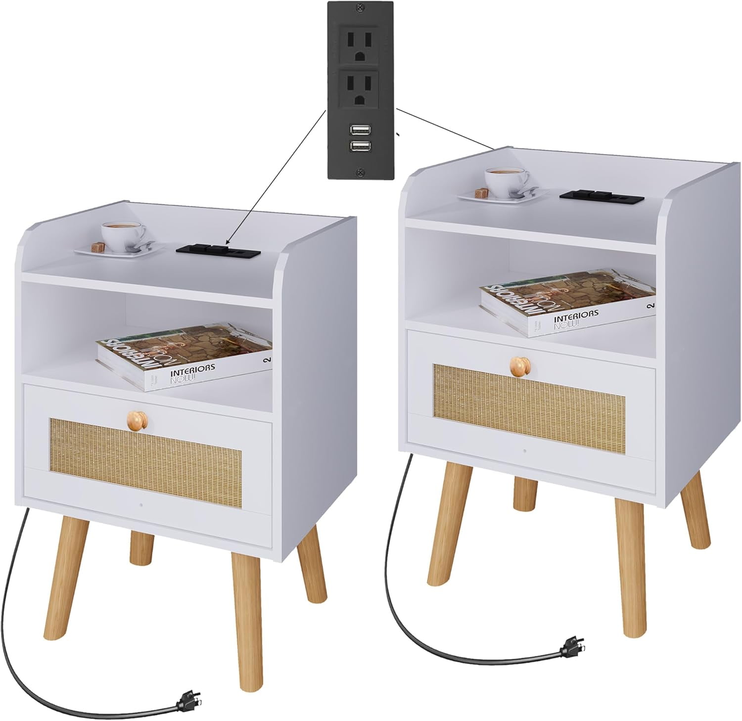 Nightstand Set of 2，Wood Nightstand with Charging Station，Bed Side ...