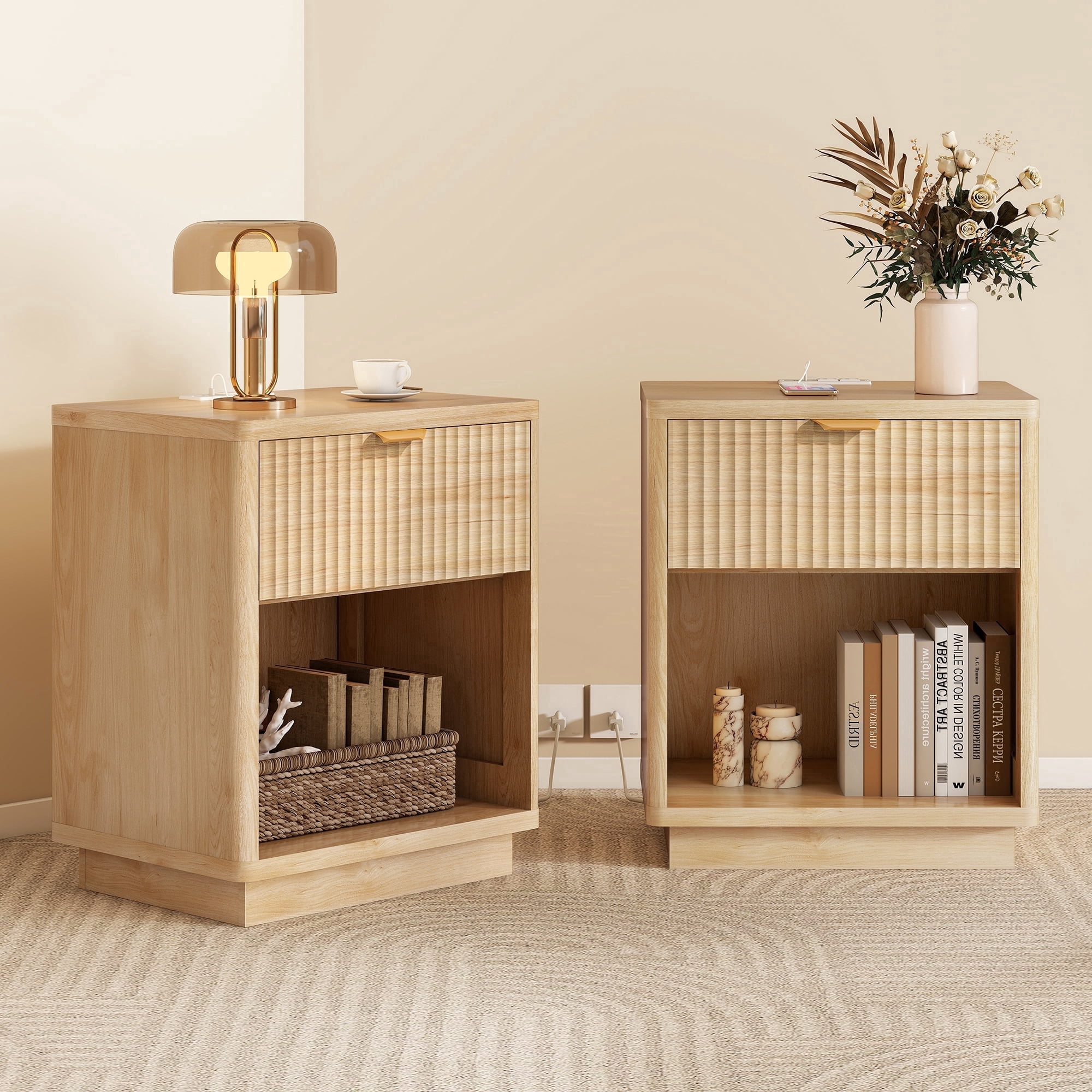 Nightstand Set of 2, Wood Nightstand with Charging Station, Fluted Bed ...
