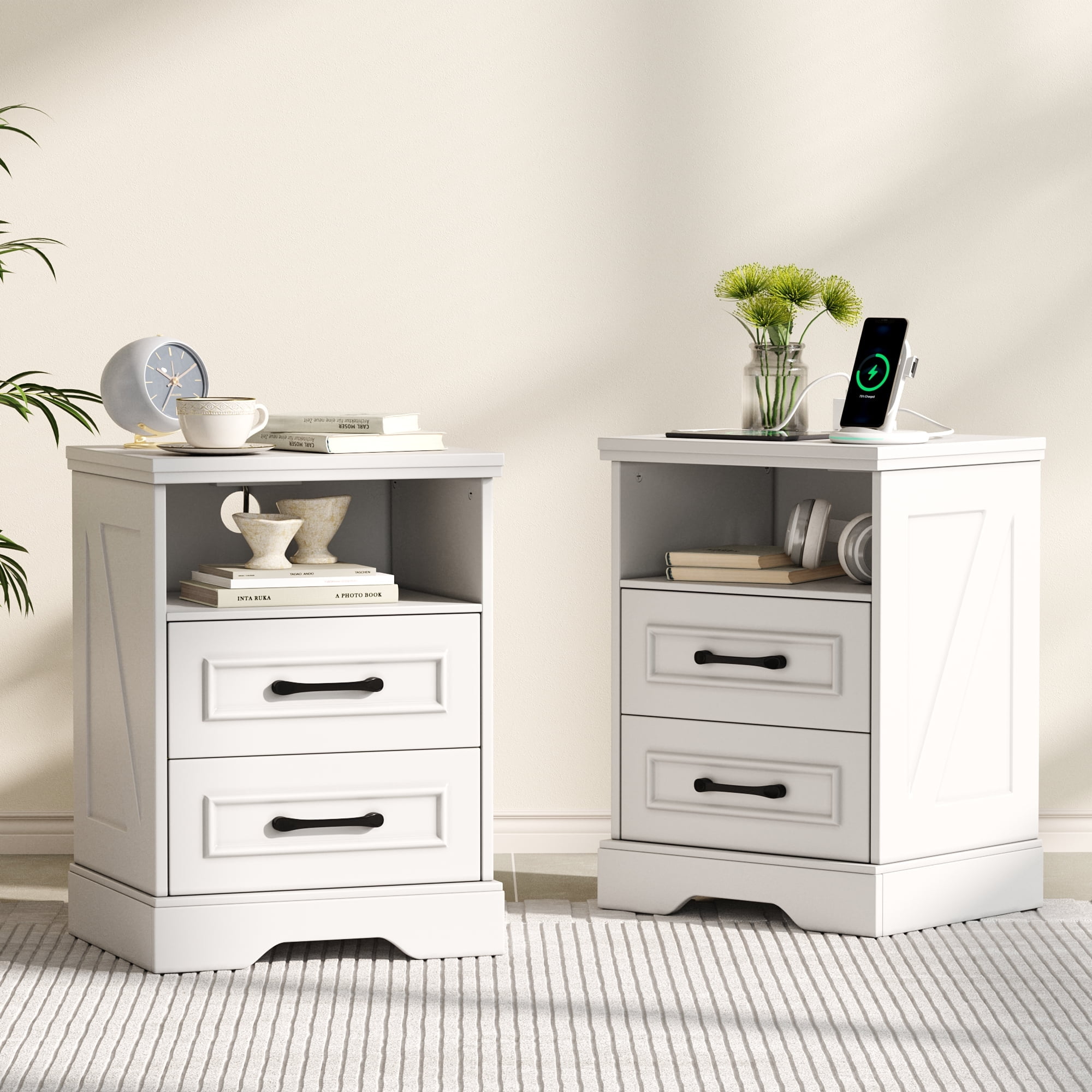 Nightstand Set of 2 with Charging Station, Farmhouse End Table with 2 ...